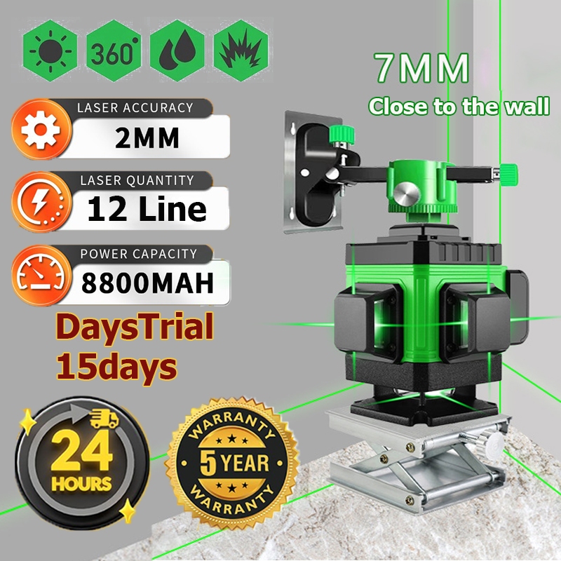 3D Green Laser Level 12 Line Level Horizontal and Vertical Crosshair ...