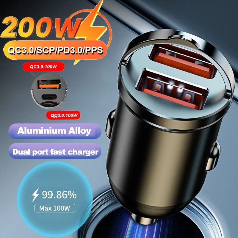 200W Dual Port Mini USB Car Charger Ultra Fast Charging Lighter Socket ...
