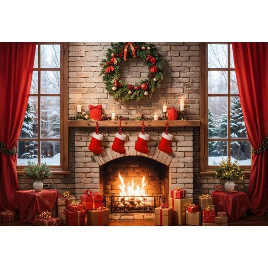 Windowsill Christmas Big Brick Fireplace Photography Backdrops Red ...