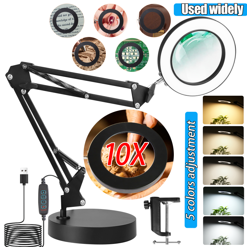 10X Enlarge Magnifying Glass Desk Lamp 3 Dimming Colors Magnifier LED ...