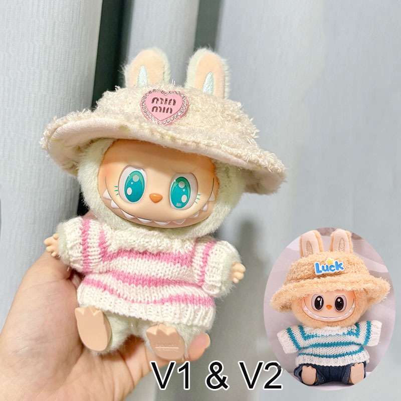 New Labubu V1 V2 Clothes Pink Stripe Sweater White Hat 17CM LABUBU ...