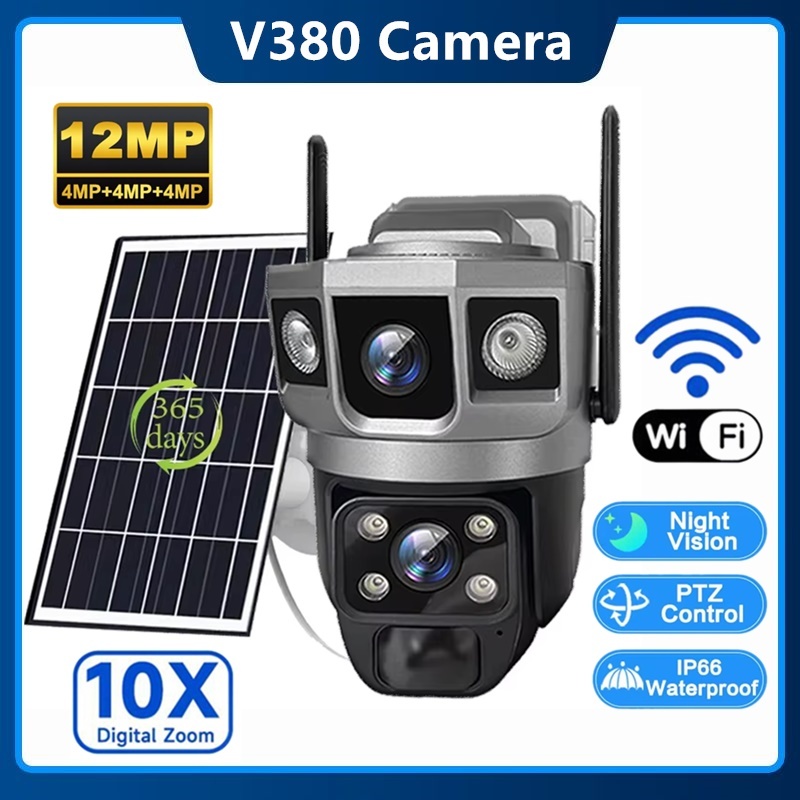 Dual Lens 3 Screens WIFI Solar Camera 12MP 10X Zoom CCTV Outdoor Auto ...