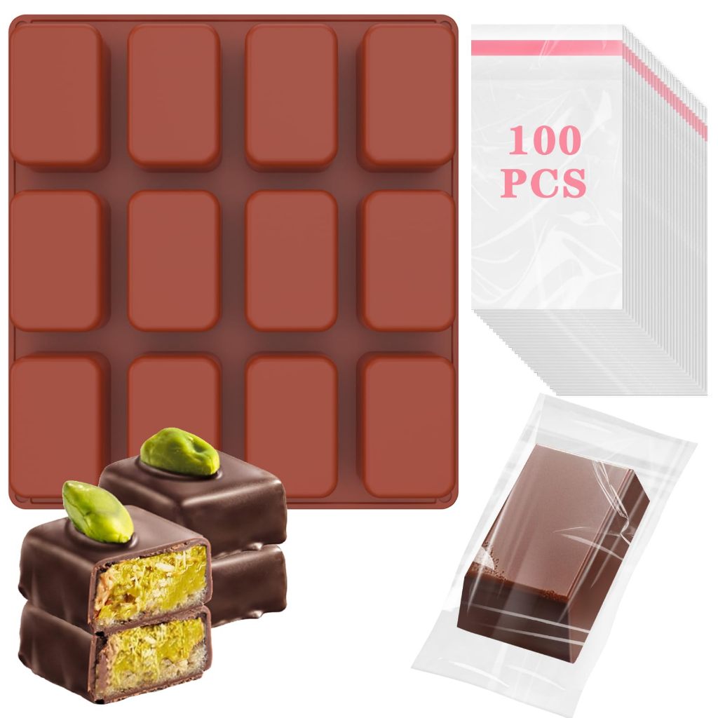 12 Cavities Chocolate Bar Mold Deep with 100Pcs Bags, Silicone Thick ...