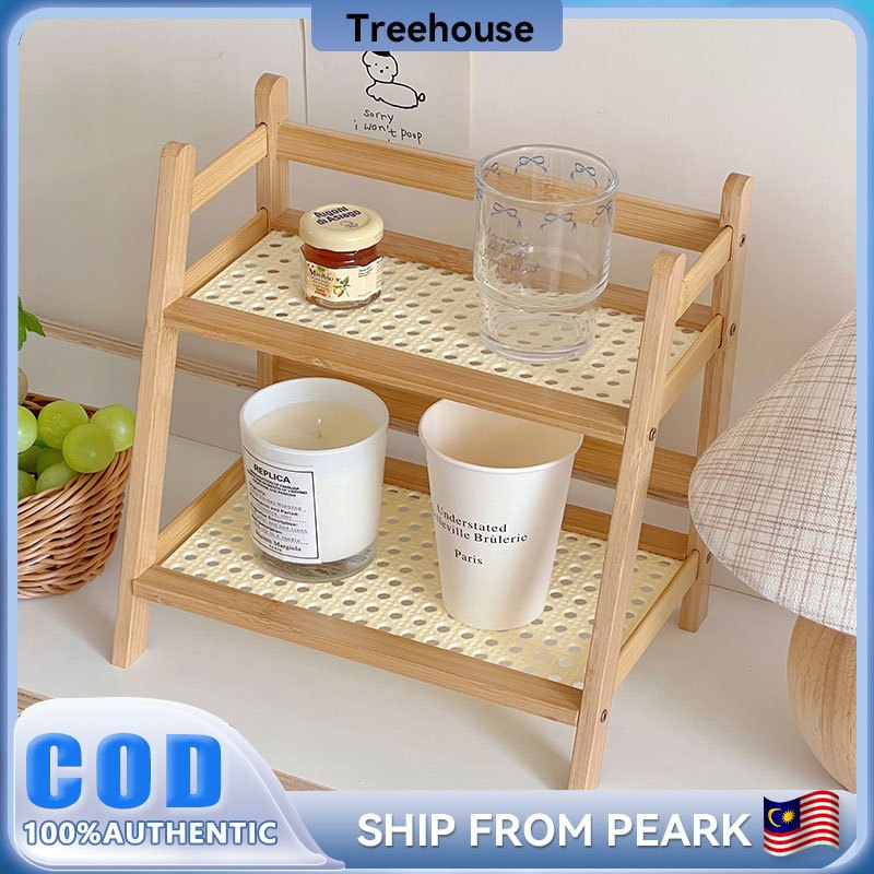 [Plastic rattan]Table Storage Rack Wooden Double-Layer Table Shelf ...