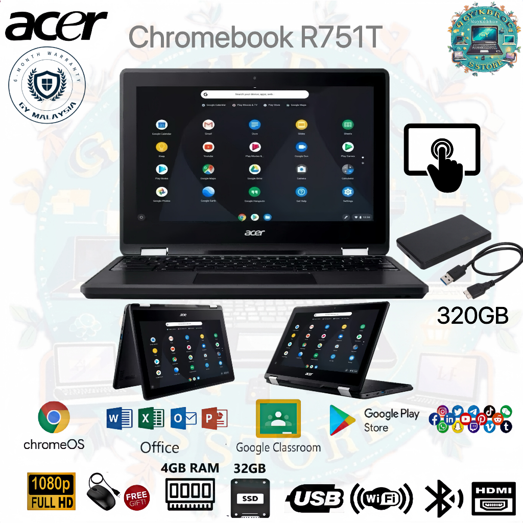 Acer Chromebook R751T｜ Touch screen｜ PLAYSTORE｜4GB RAM｜32GB SSD｜320GB ...
