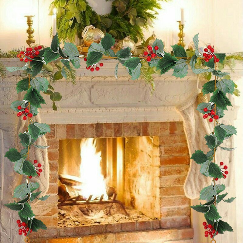 175CM Red Berry Leaves Artificial Vine Strips Christmas Garland DIY ...