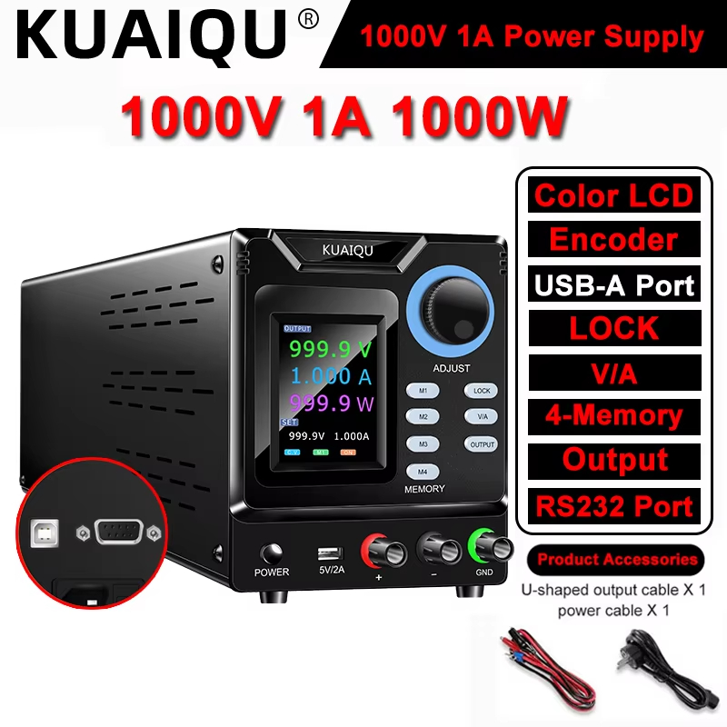 KUAIQU 1000V 1A RS232/USB Programmable DC Power Supply 300V 400V 600V 800V Adjustable 4-Memory ...