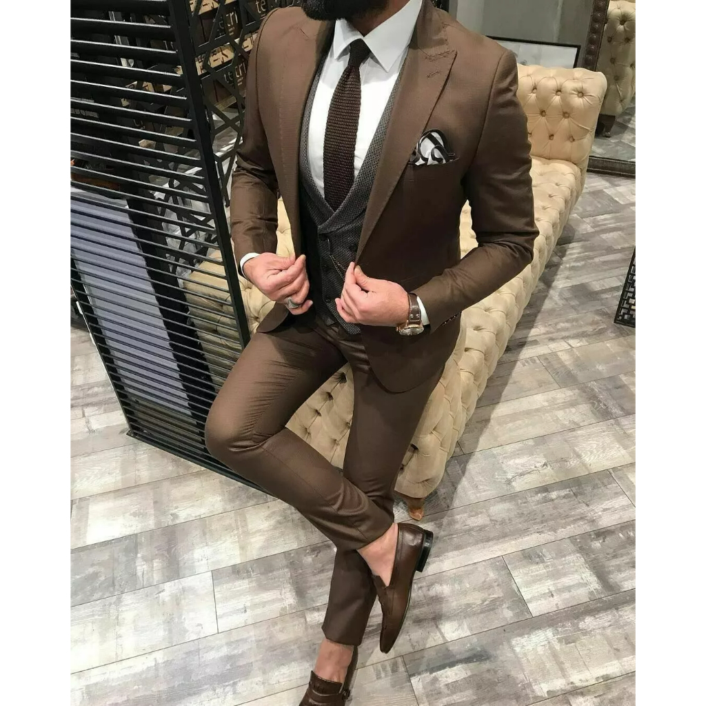 3 Piece Brown Men Peak Lapel Suit Slim Fit Formal Groom Tuxedos Wedding ...