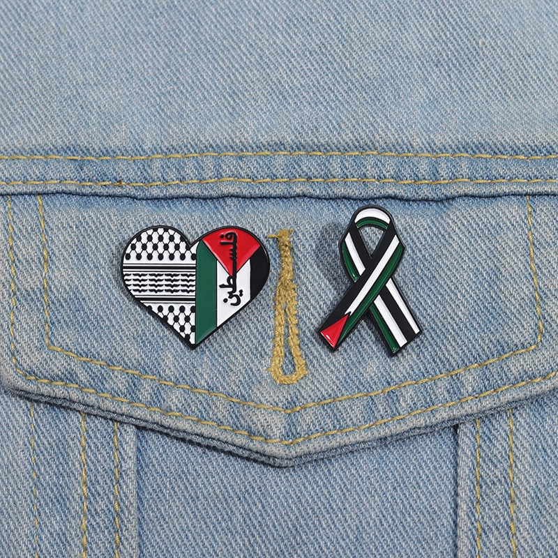 Ribbon Heart Palestine Flag Enamel Pins Love and Peace Brooch Metal Pin ...