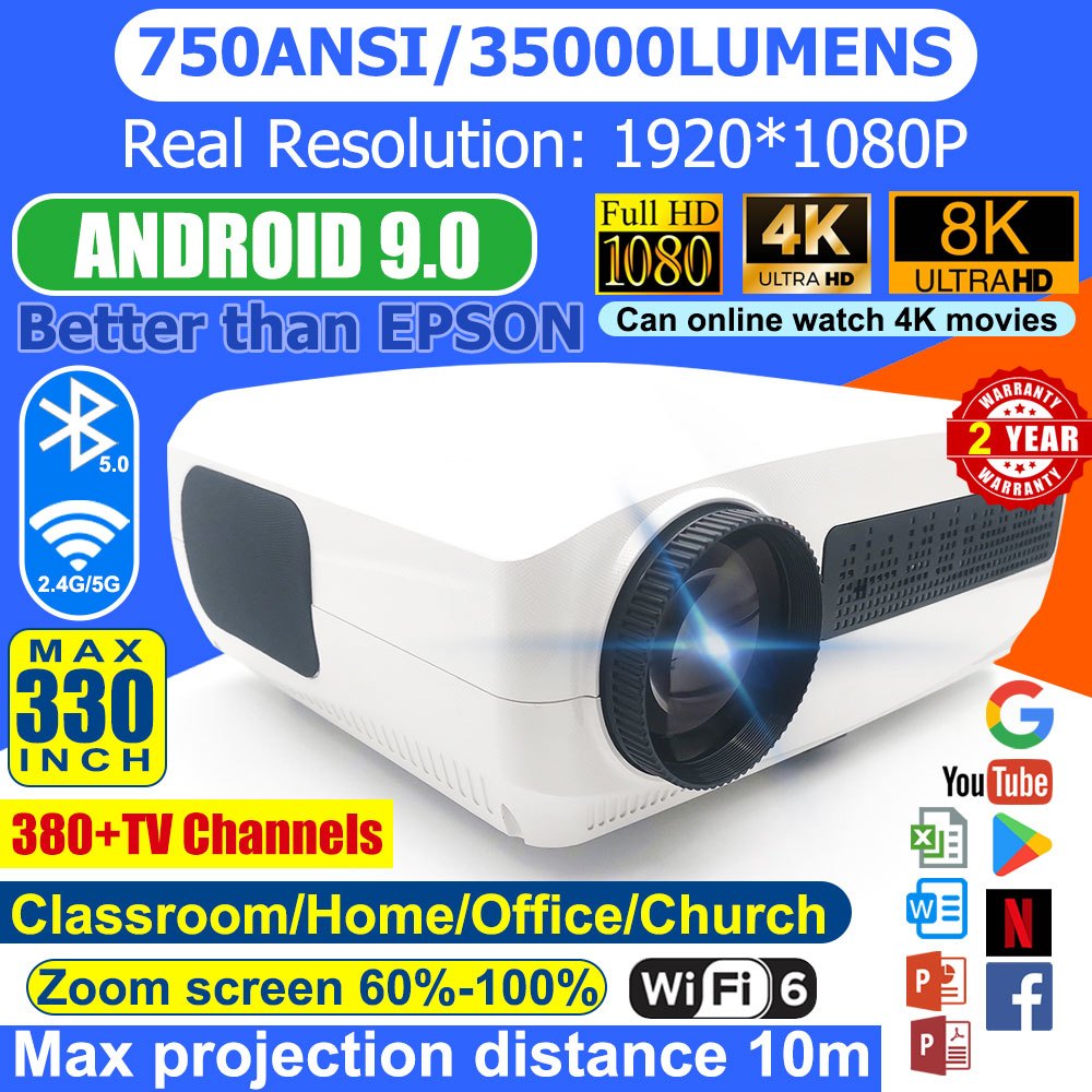 Smart LCD Projector for Classroom 1920x1080P Android 9.0 4K 8K Full HD ...