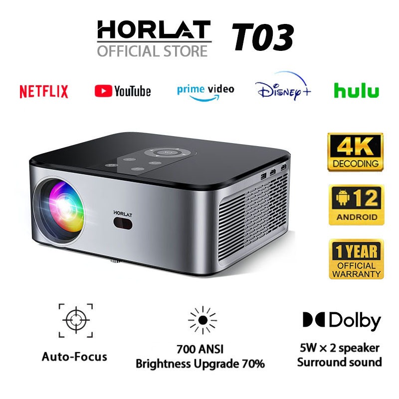 Horlat T03 wifi projector 8k FHD HighBright 700ANSI Auto Focus projector home cinema Android 12/ ...