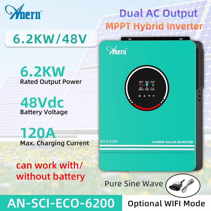 Anern 6.2KW MPPT Hybrid Solar Inverter 48V Hybrid Inverter 230Vac MPPT Off Grid Pure Sine Wave ...