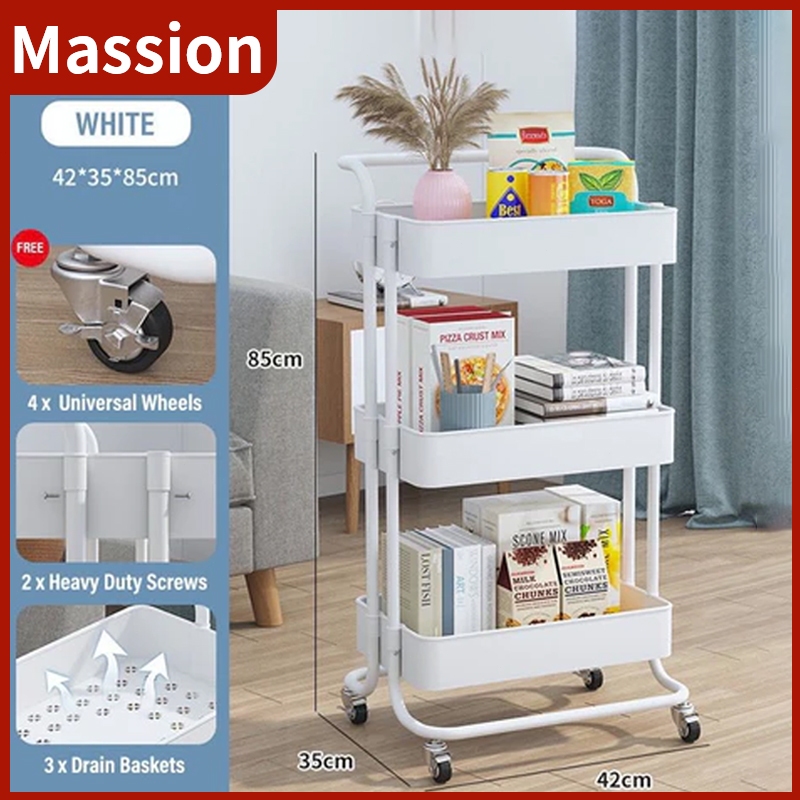 Multi-Purpose 3 Tier Plastic Trolley Utility Cart Rolling Trolley ...