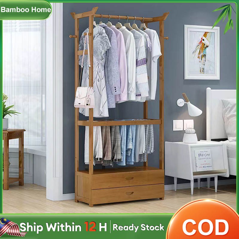 Bamboo Clothes Rack Rak Baju With 2 Drawers Clothes Hanging Rack 42/70 ...