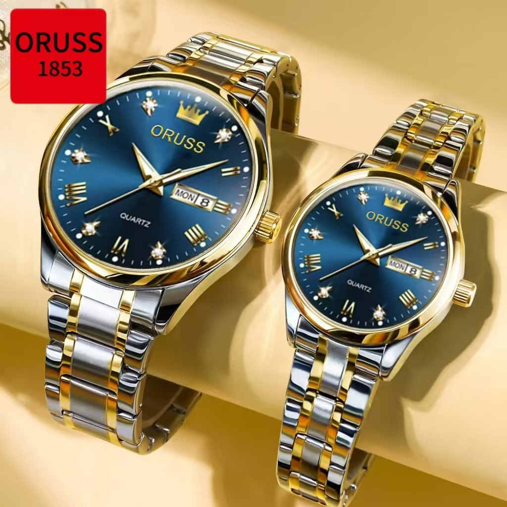 ORUSS Original 2 Pcs Couple Stainless Steel Dual Calendar Luxury ...