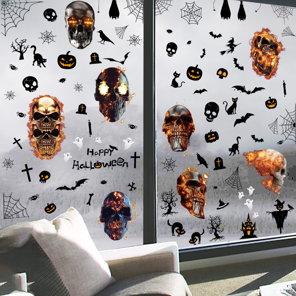 Halloween Window Clings Flame Skeleton Scary Halloween Window ...