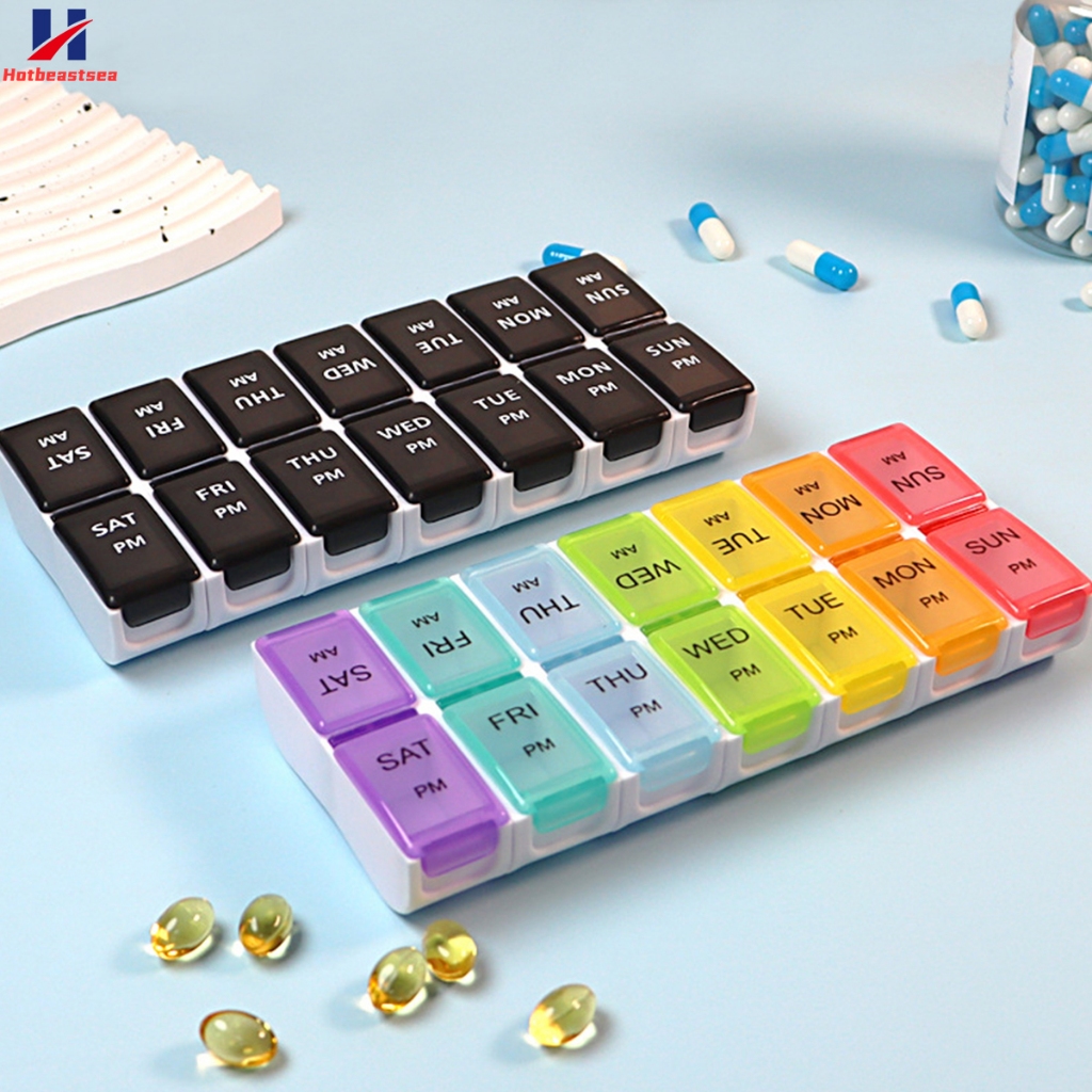 Pill Organizer Double-Row 14-Cell Pill Box AM PM 2 Times A Day Plastic ...