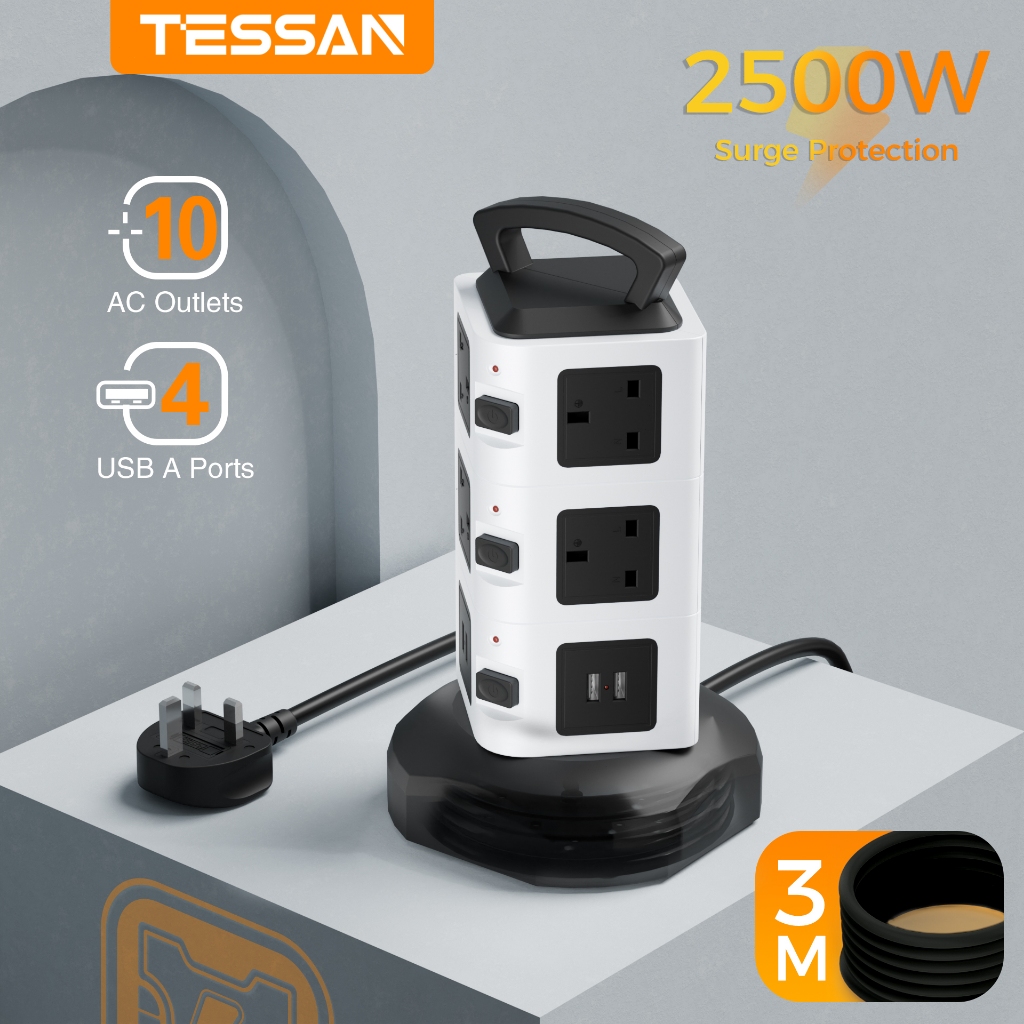 Tower Extension Cord 2M/3M, Surge Protector Power Strip 10 Way with 4 ...