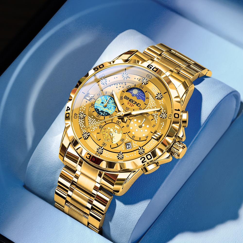 BINBOND 3225-1 Classic Fashion Men's Quartz Hand Multi functional Waterproof Luminous Dial Moon ...