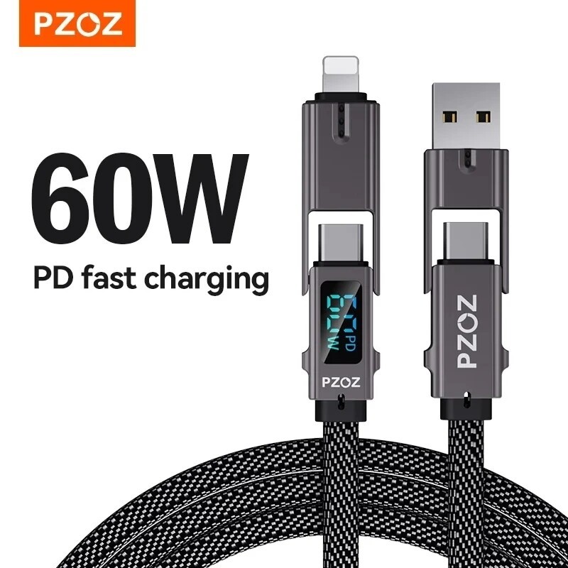 PZOZ 4 in 1 60W PD USB C Cable Digital Display Fast Charging For iPhone ...