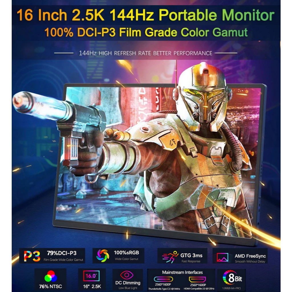 16" 2.5K 144hz Portable Monitor 2560*1600 16:10 100%sRGB 400Cd/m² ...