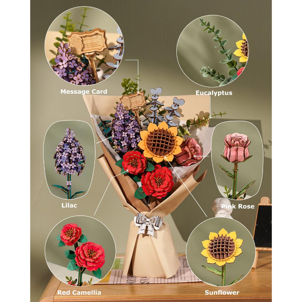 Robotime Rowood DIY Wooden Flower Bouquet 3D Wooden Puzzle Model Kits ...