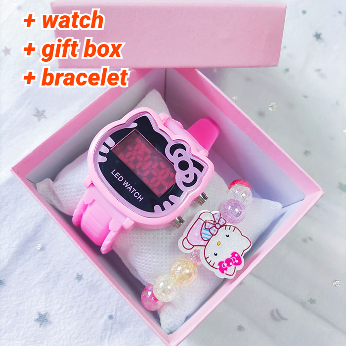 LED Hello Kitty Watch Gift Set Cute Cartoon Kids Watch Girl Soft ...