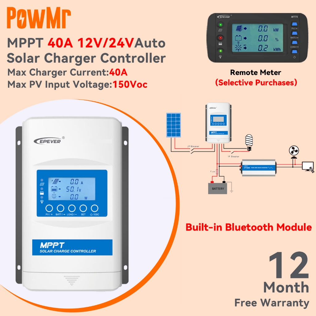 PowMr EPEVER 40A MPPT Solar Charger Controller 12V/24V Max Pv 150Voc Built in Bluetooth Can No ...