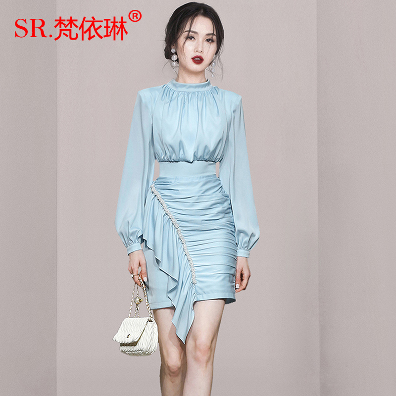 Aqua Blue Long-Sleeved Pleated Nails Ruffled Short Skirt 2024 Autumn Celebrity Classy Hip Skirt ...