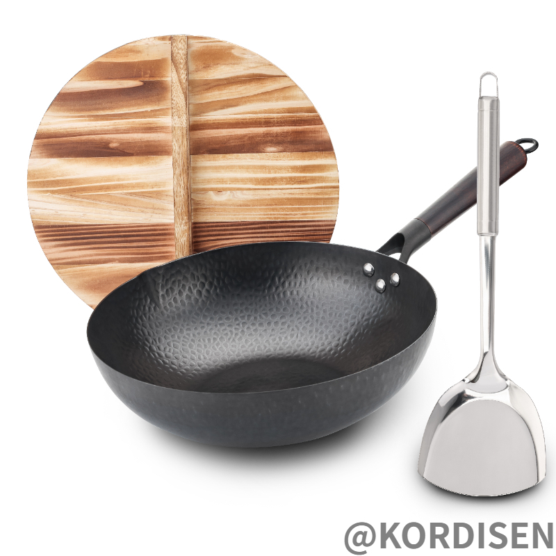 KORDISEN Pre-Seasoned Wok Carbon Steel Wok With Wood Handle & Lid ...