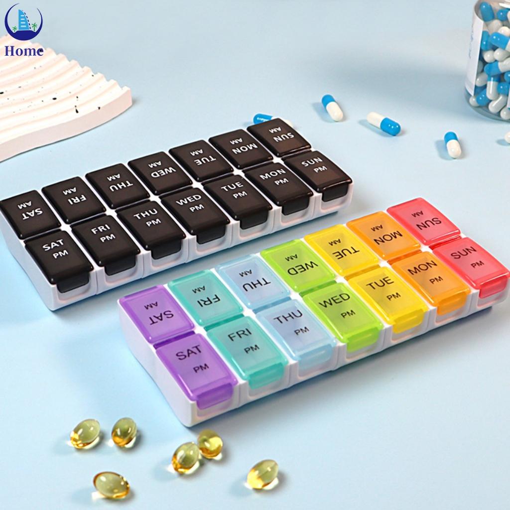 Pill Organizer Double-Row 14-Cell Pill Box AM PM 2 Times A Day Plastic ...