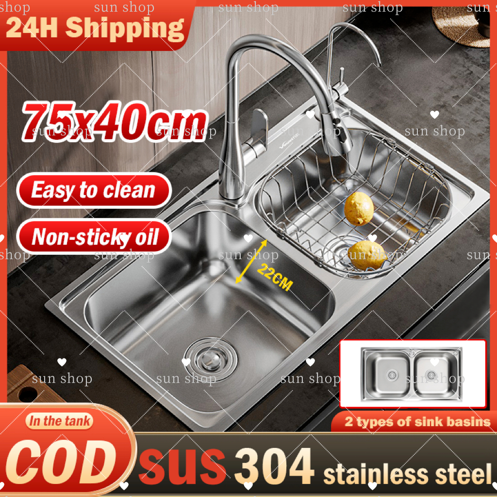 【100% Tidak Karat】Sinki dapur 75x40cm Kitchen Sink SUS304 Stainless ...