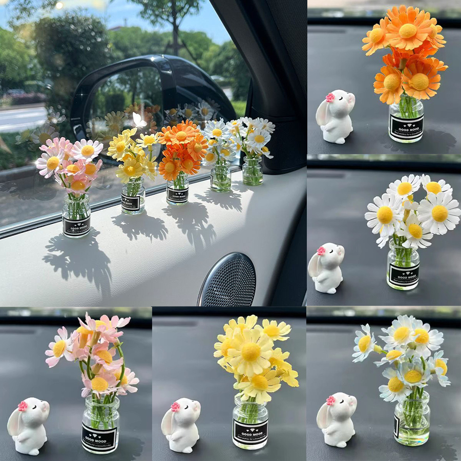 Mini Glass Flower Vase Car Garnish Decoration Car Ornament Mini Daisy ...