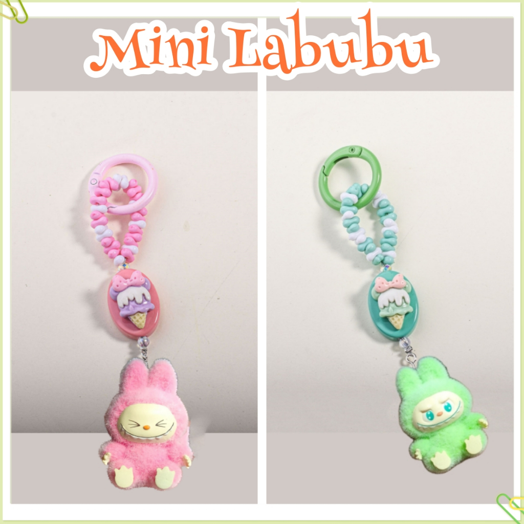 Mini flocking labubu pendant hand-painted beads mobile phone keychain ...