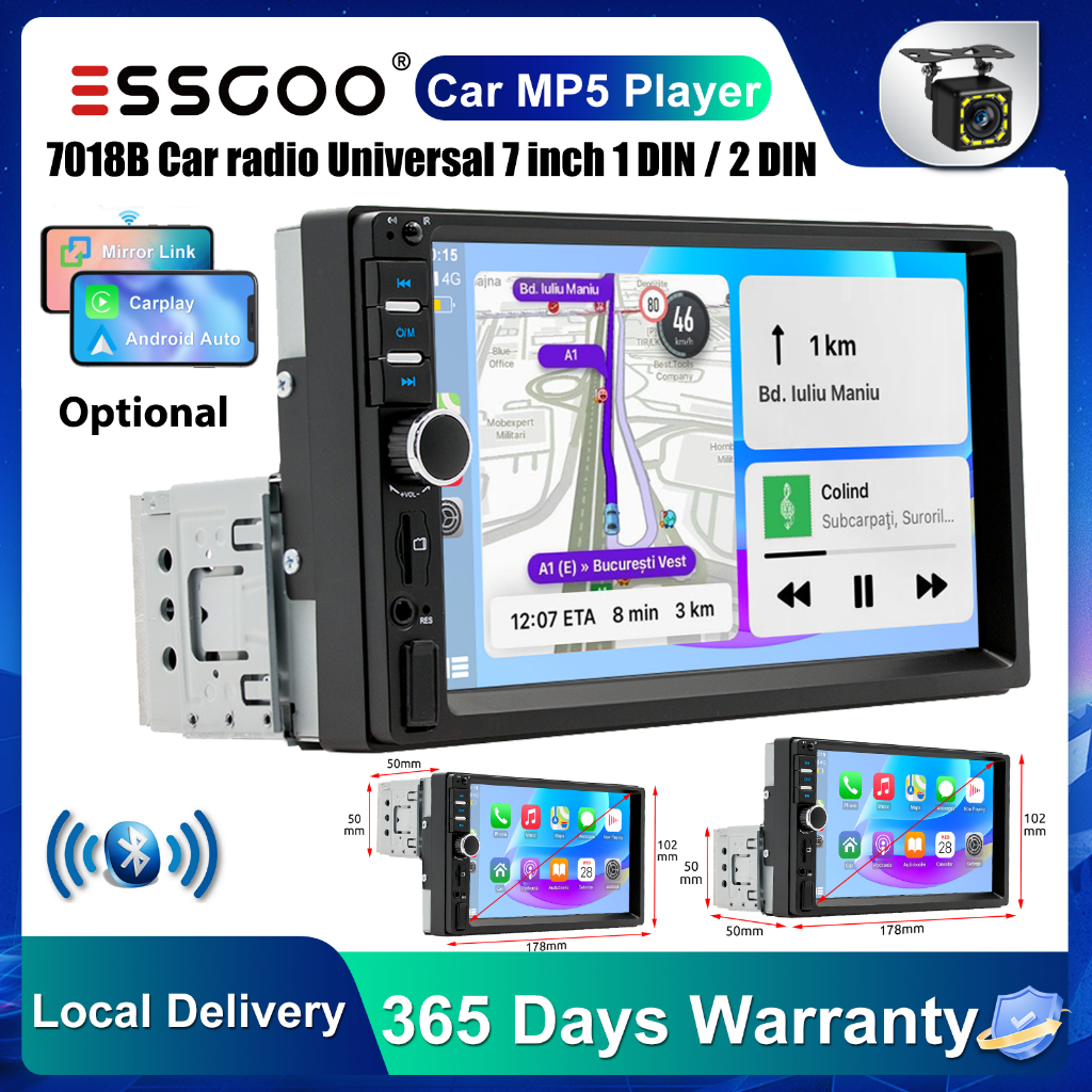 ESSGOO 7018B 7" Single/Double Din Universal Wired Carplay Video Output Touch Screen Bluetooth ...