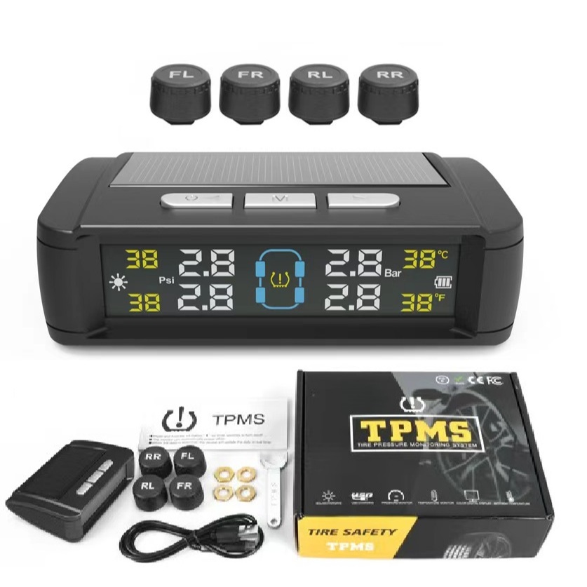 Tpms Wireless Tire Pressure Monitoring System Solar Car Tyre Pressure Alarm Lcd Display