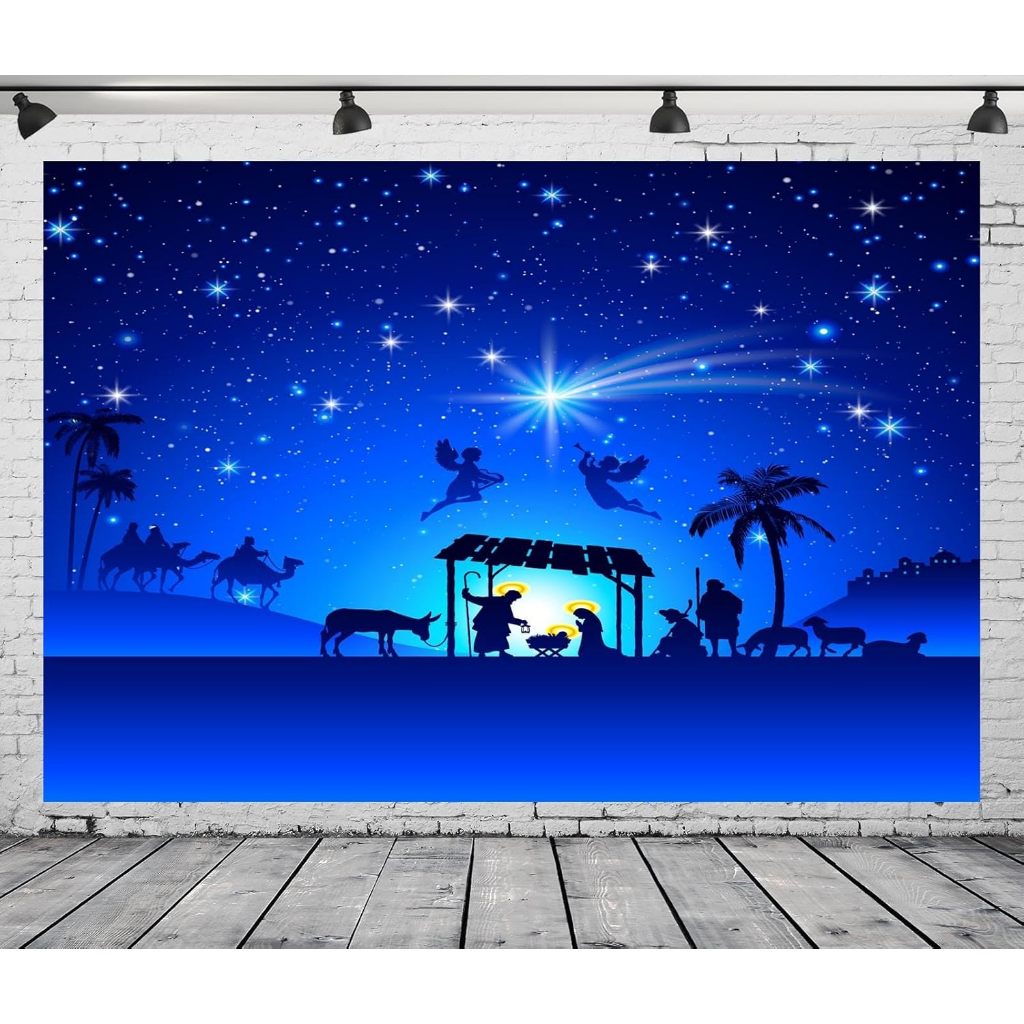 Christmas Scene Backdrop Blue Holy Star Night Bethlehem Birth of Baby ...