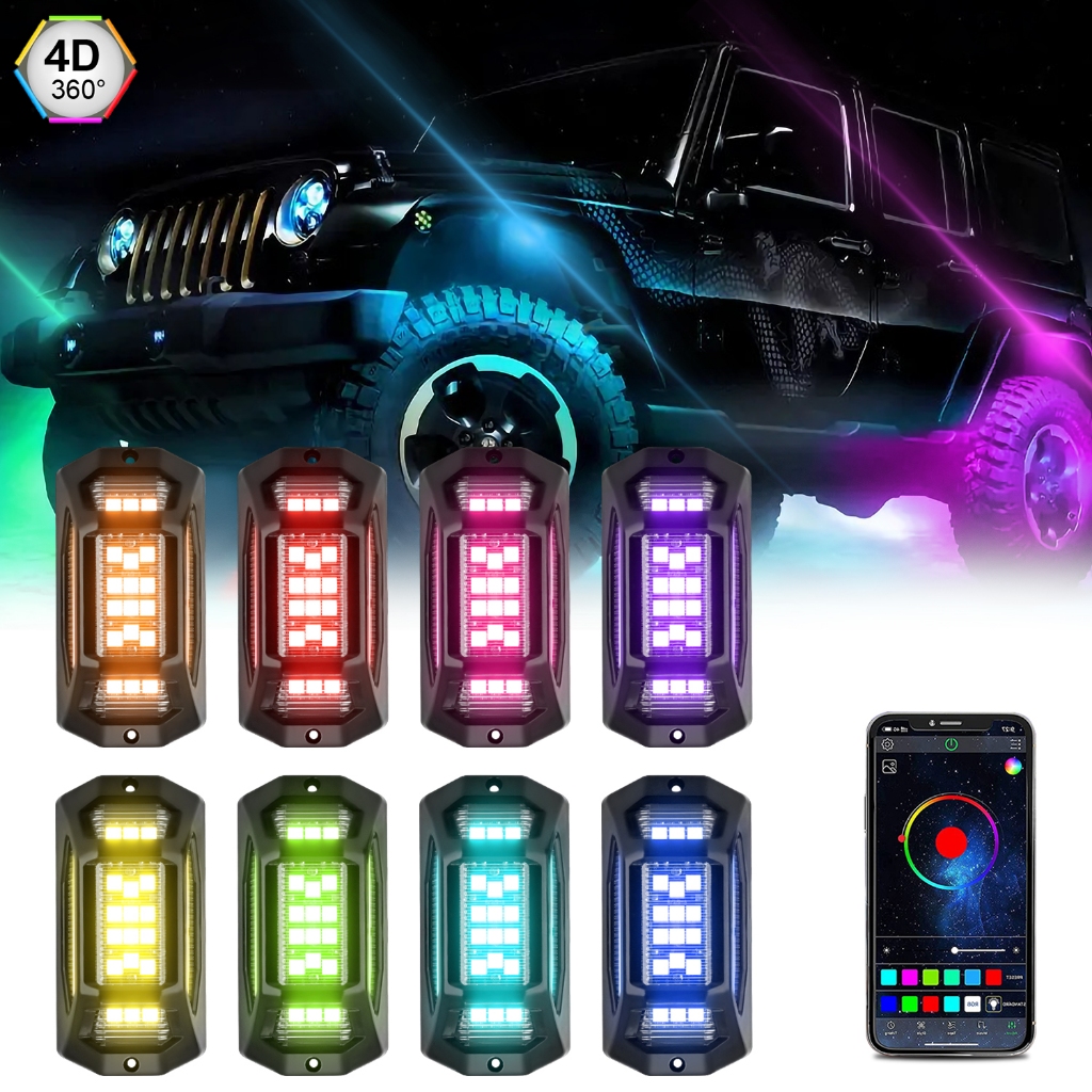 4/6/8pcs RGB LED Rock Lights Kit Multicolor Neon Underglow Light Pods ...