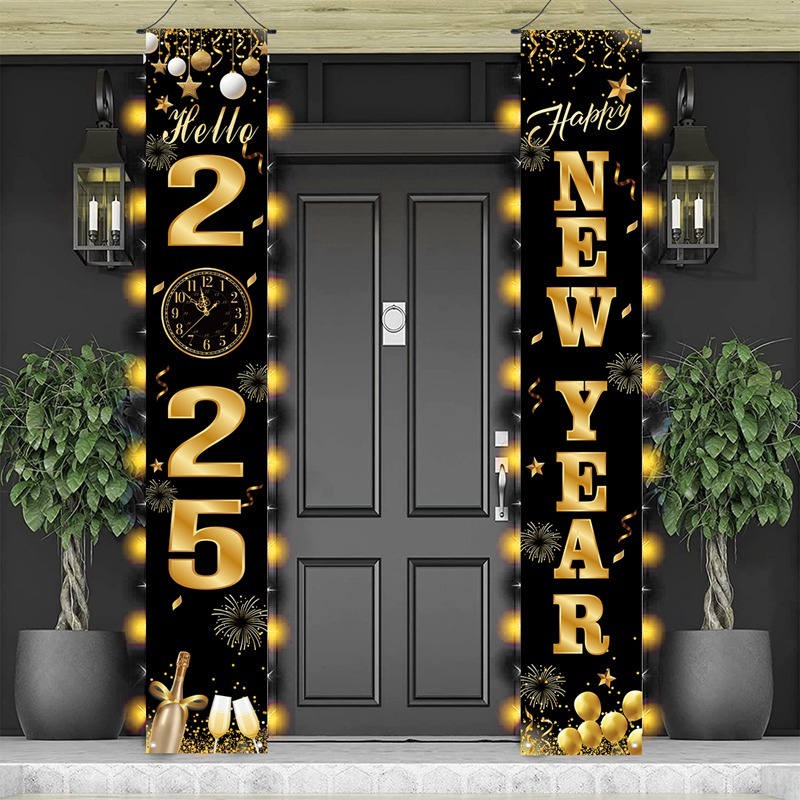Happy New Year Banner 72x12 Inch Polyester Black Gold Balloon Pattern ...