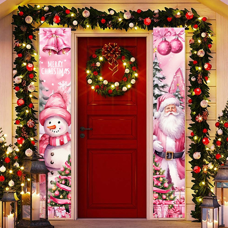 180*30cm Pink Santa Claus Christmas Door Banner Snowman Pattern Banner ...