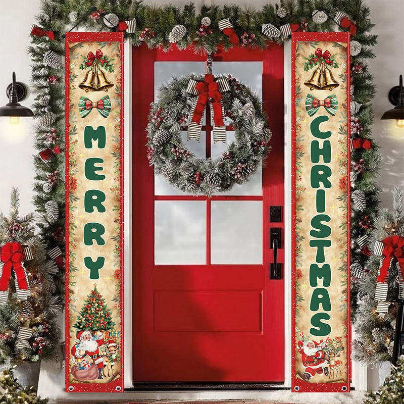 Vintage Christmas Door Banner Santa Claus Xmas Tree Pattern Hanging ...