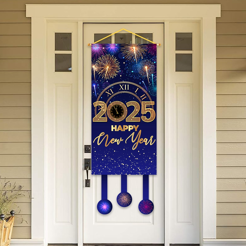 Purple Blue Happy New Year Hanging Flag with Firework Pattern Tassel ...