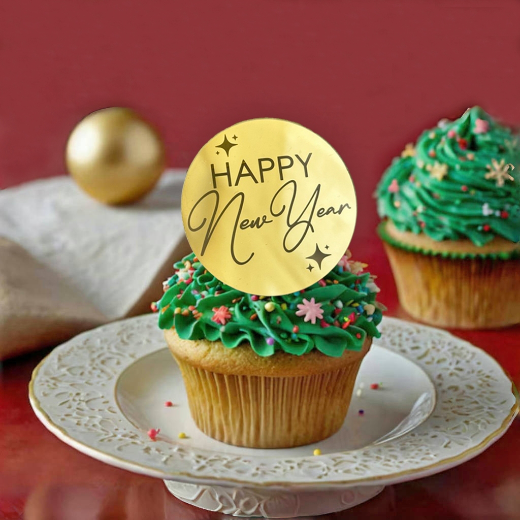 12 Pieces Happy New Year Cupcake Toppers, 2025 Round Mirror Engraved ...