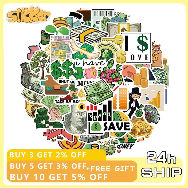 50PCS Funny Gold Coin Stickers Cartoon Money Dollar Decals DIY Notebook ...
