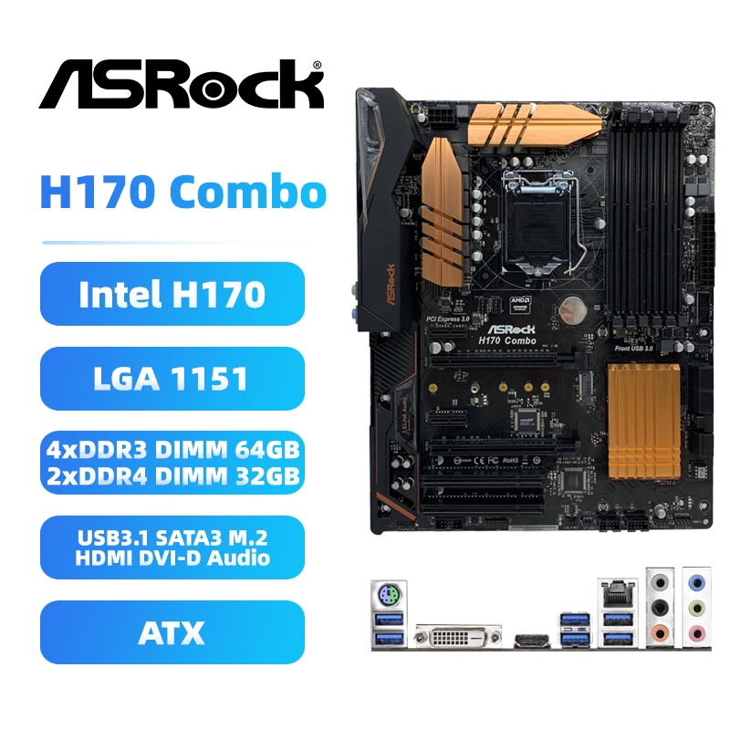 LGA1151 Motherboard ATX ASRock H170 COMBO Intel H170 DDR3/DDR4 SATA3 HDMI DVI-D Audio for CPU ...