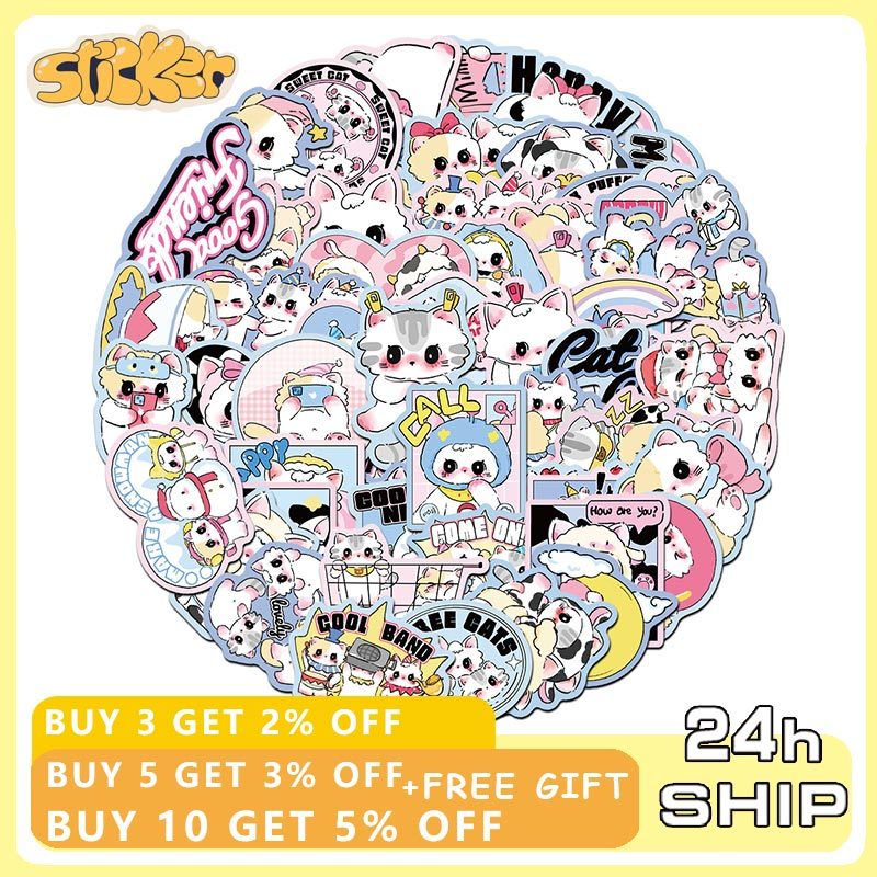 60Pcs Cute Cartoon Milk Puff Meow Graffiti Sticker DIY Luggage Guitar ...