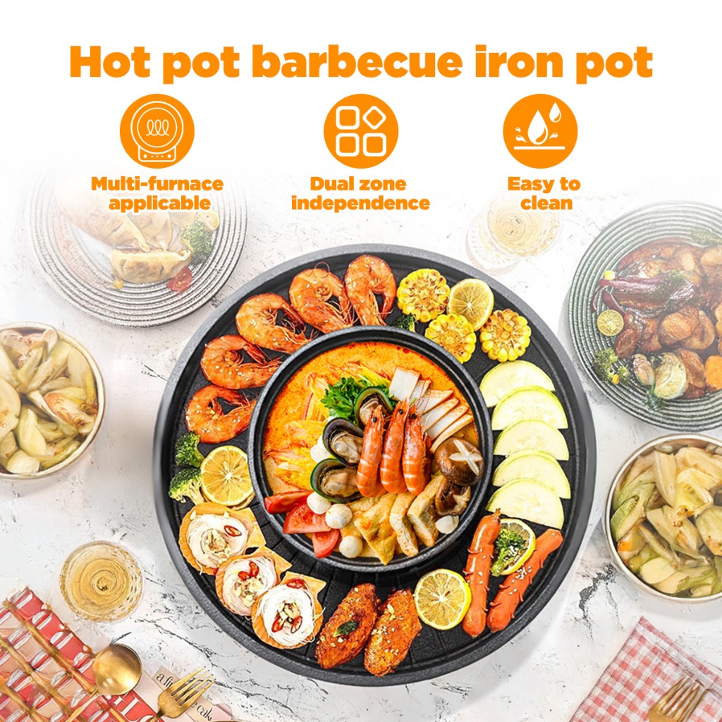 35cm 2-IN-1 BBQ PLATE AND BOWL CAST IRON /steamboat / grill pan Korean ...