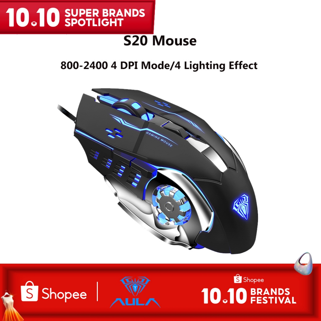 AULA S20 Gaming Mouse Marco Programmable Cool Lighting USB Optical ...