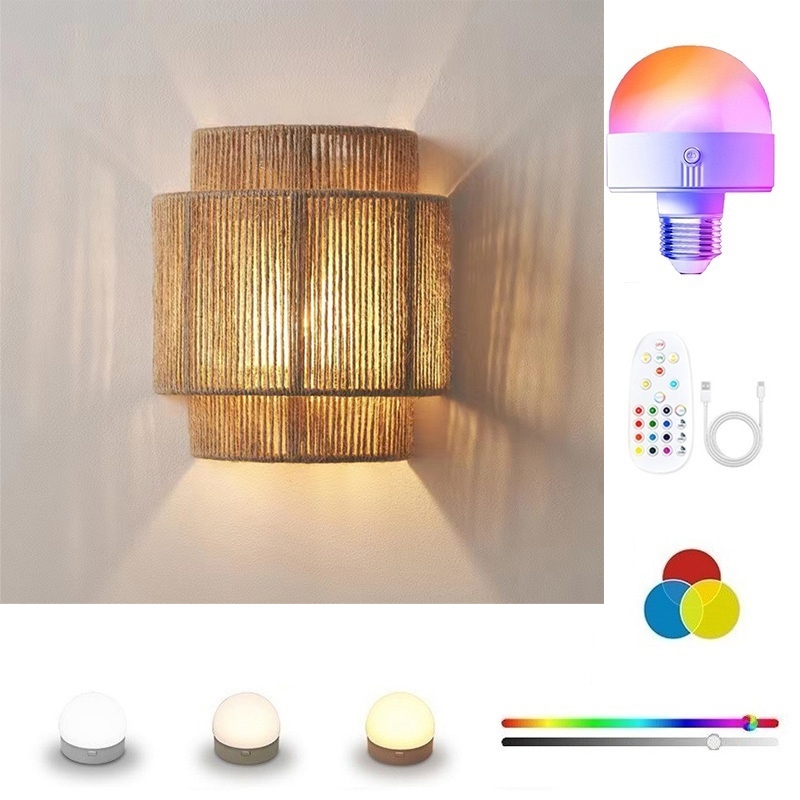 Japanese Style Hemp Rope Sconce With RGB Rechargeable Bulb, Vintage LED ...