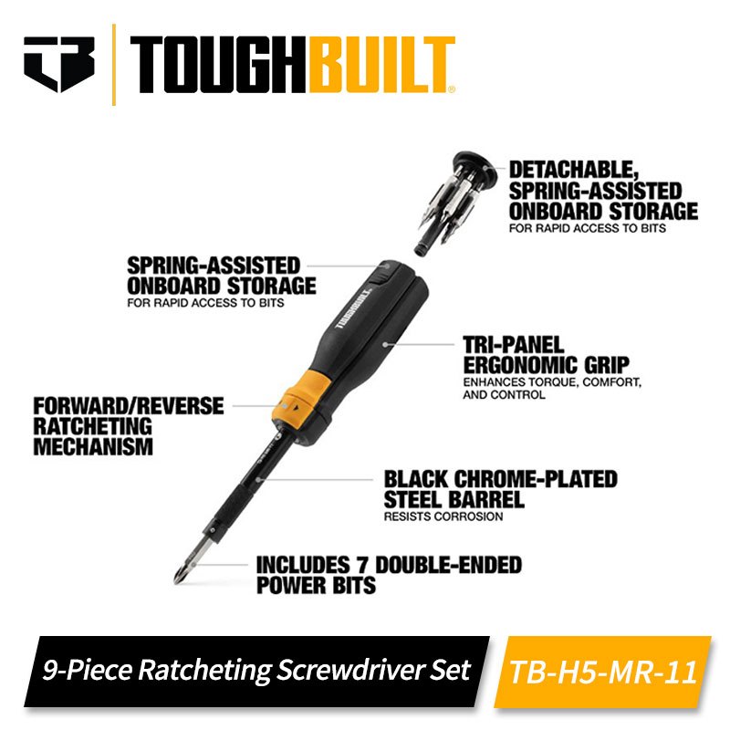 TOUGHBUILT TB-H5-MR-11 9-Piece Bi-material Handle Ratcheting Assorted ...